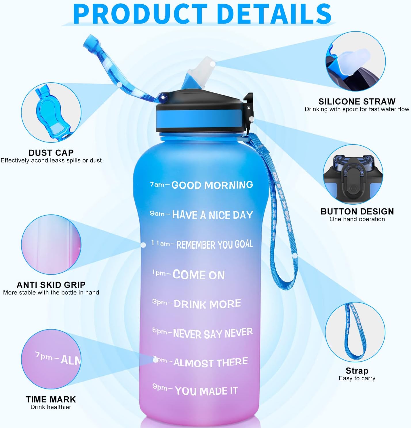 SLUXKE 2 Litre Water Bottle With Straw and Time markings，Half Gallon ...