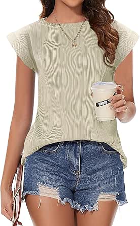 Womens Short Sleeve Textured Tops Summer Crewneck Knit Solid Loose ...