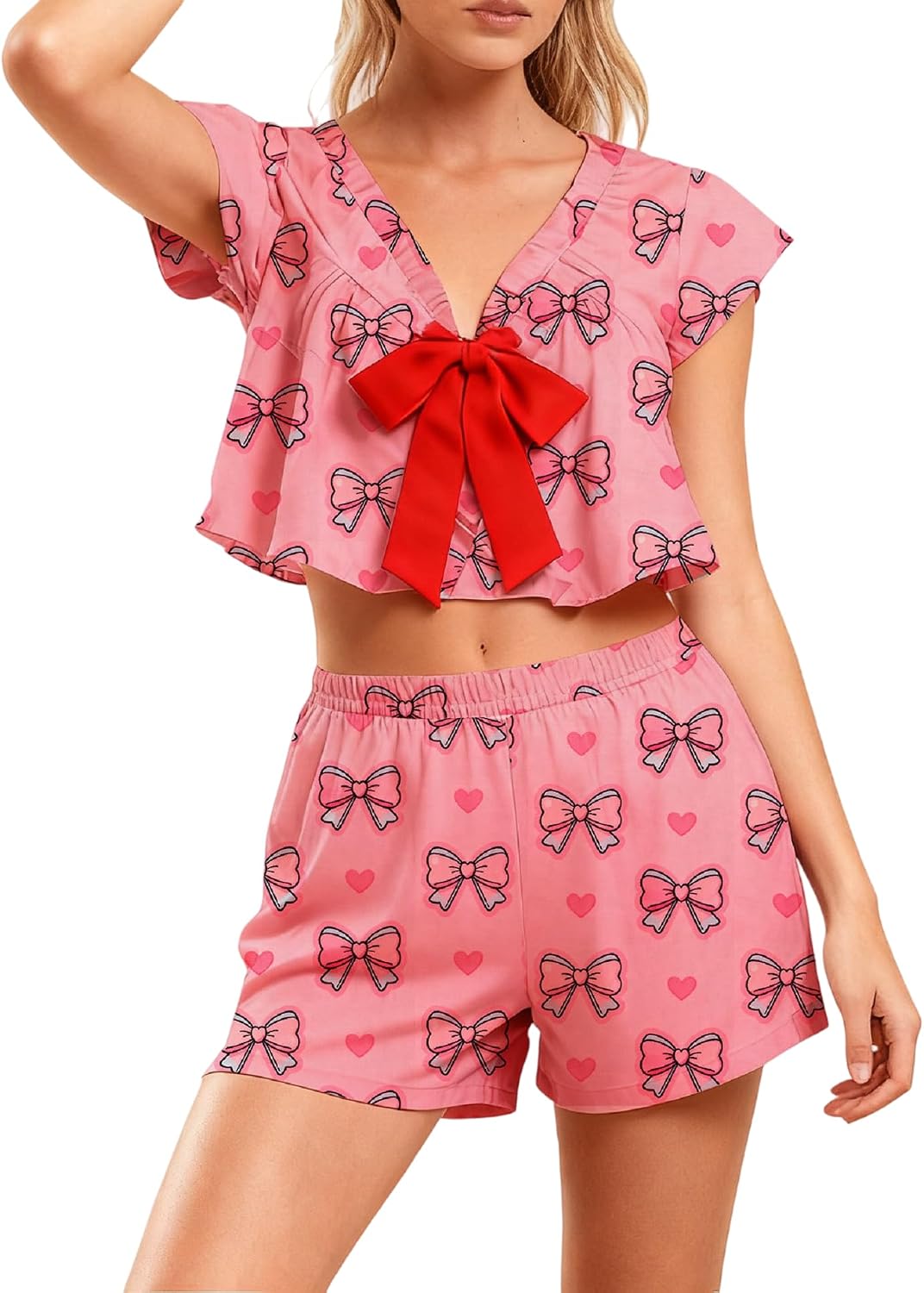 Faretumiya Women Heart Bow Satin Pajama Set V Neck Ruffle Crop Top and ...