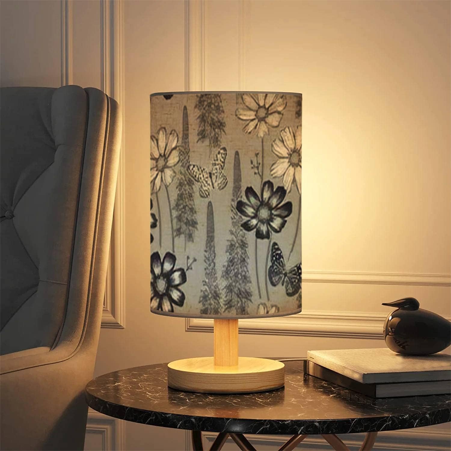 Small Table Lamps Black white seamless spring floral Flowering plants ...
