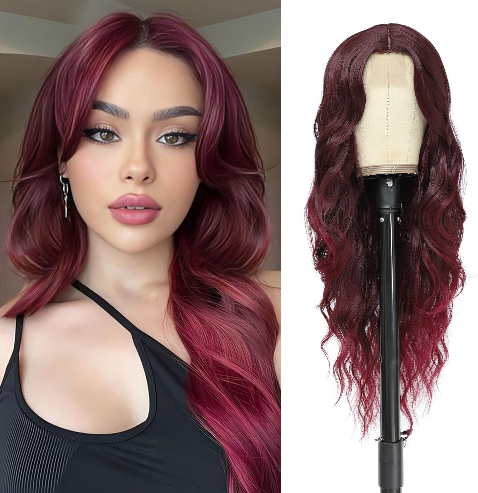 Amazon.com : BUPPLER Halloween Wigs Long Hair Burgundy Wig for Women ...
