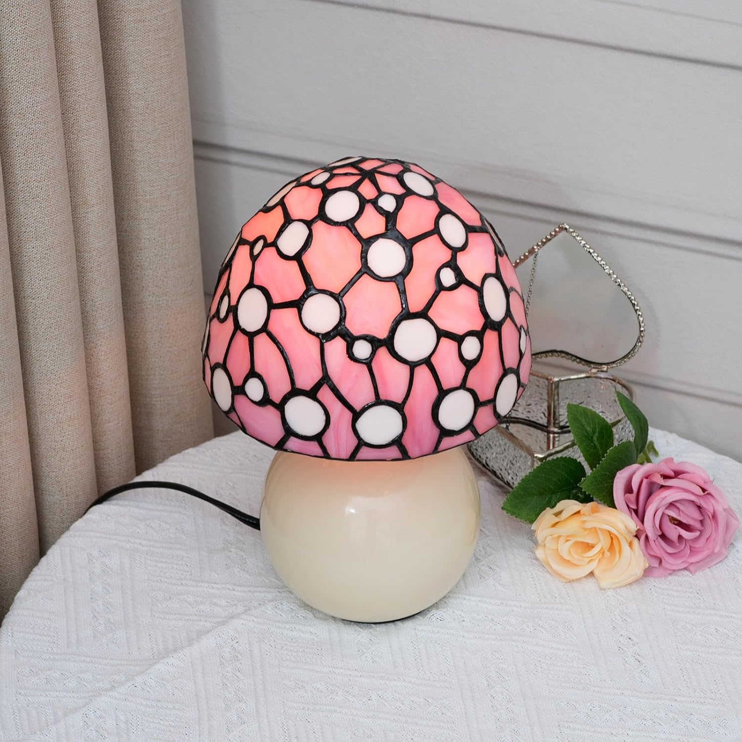 Blivuself Tiffany Style Stained Glass Pink Mushroom Lamp Bedroom ...
