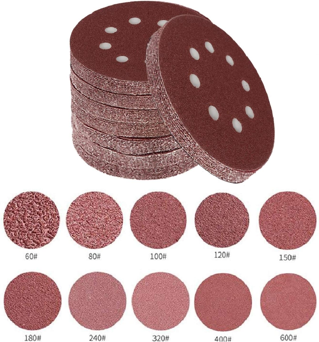 Sandpaper 100 Pieces 5 Inch with 8 Holes Dustless Hook-and-Loop ...