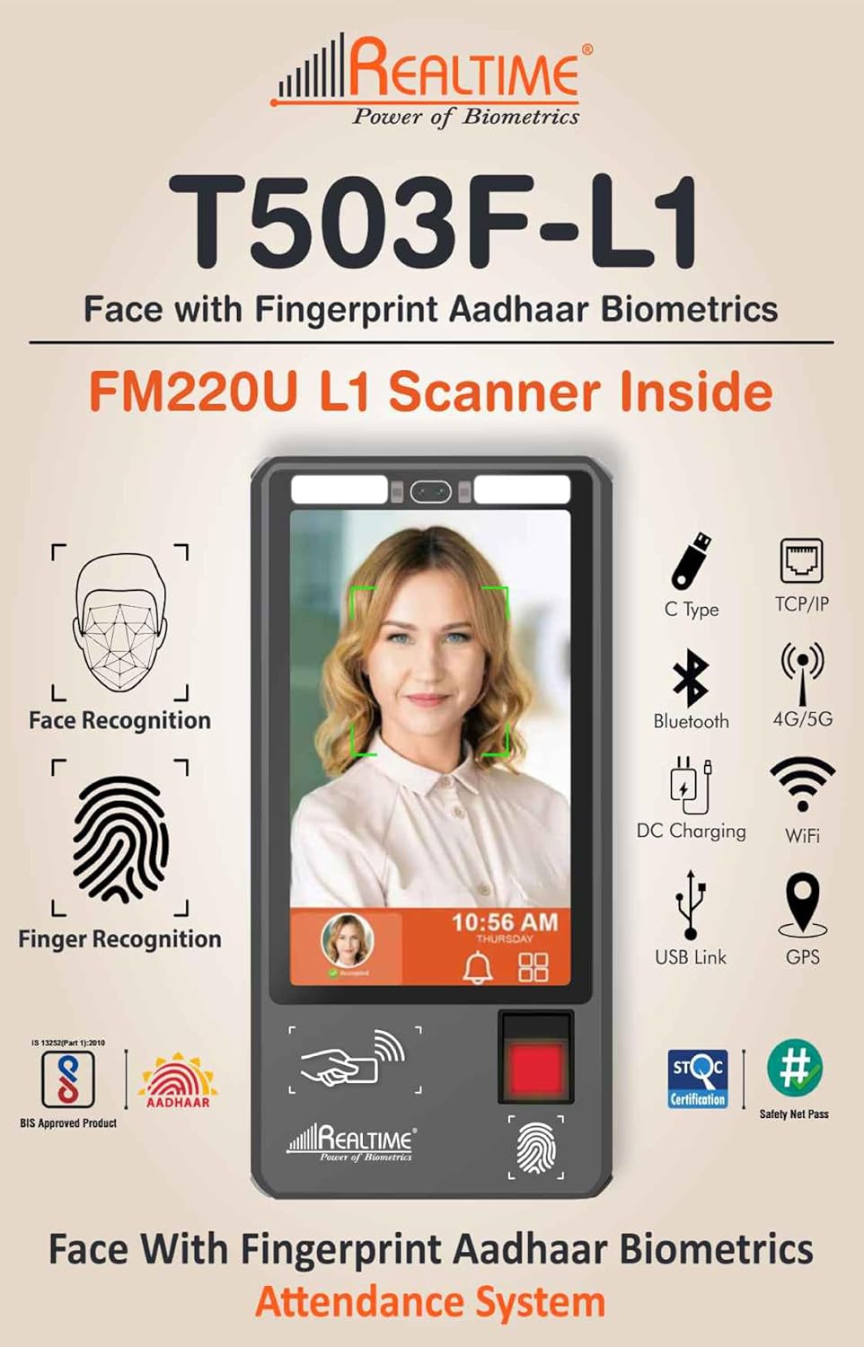 Realtime Biometrics T503F-L1 Biometric Battery Powered, Wired, Face Recognition & Fingerprint ...