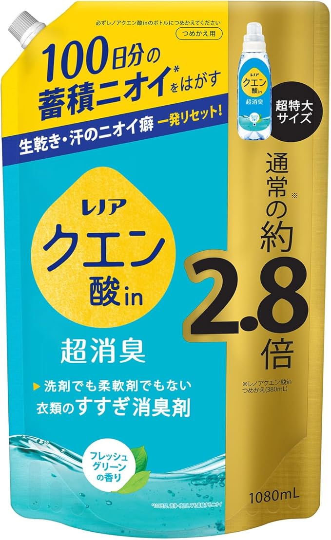 Amazon.co.jp: レノア クエン酸in 超消臭 すすぎ消臭剤 フレッシュグリーン 詰め替え 1080mL : ドラッグストア