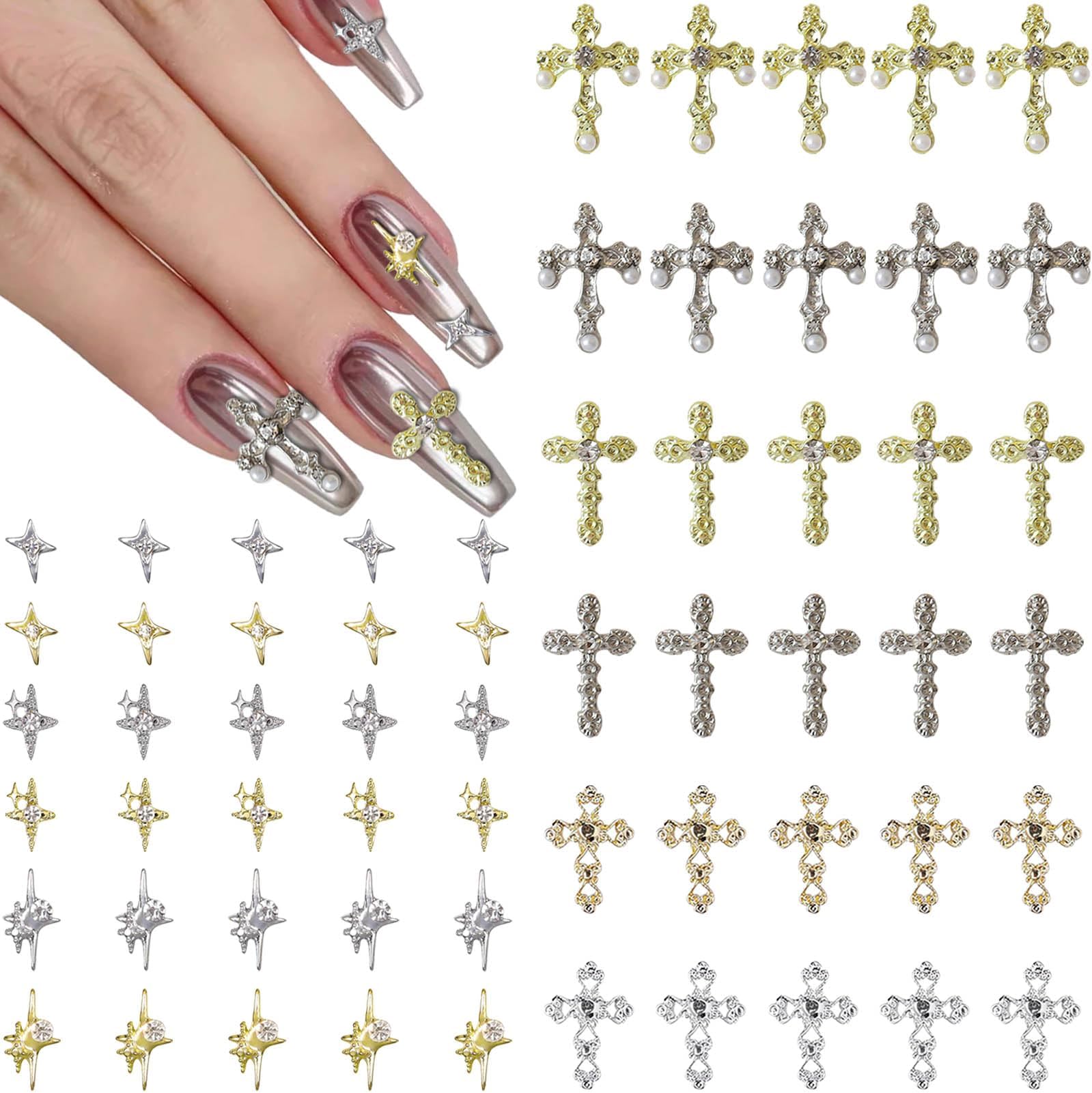 Amazon.com: JERCLITY 20pcs Silver 3D Cross Nail Charms with Clear ...
