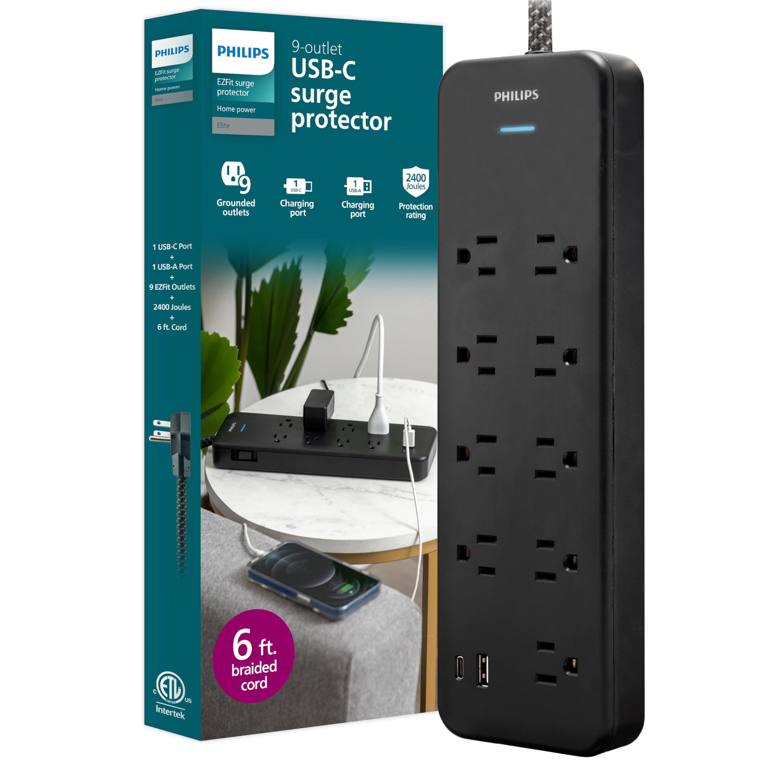 Amazon.com: Philips 9-Outlet Surge Protector with USB Charging, 6ft ...