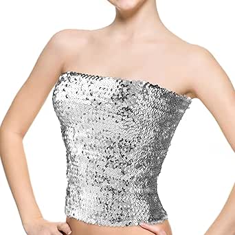 Lusofie Glitzer Top Damen Silbernes Bandeau Top mit Metallischen ...