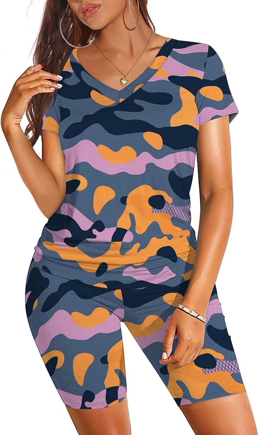 Amazon.com: JMMSlmax 2Piece Outfits for Women Short Sleeve V Neck Biker ...