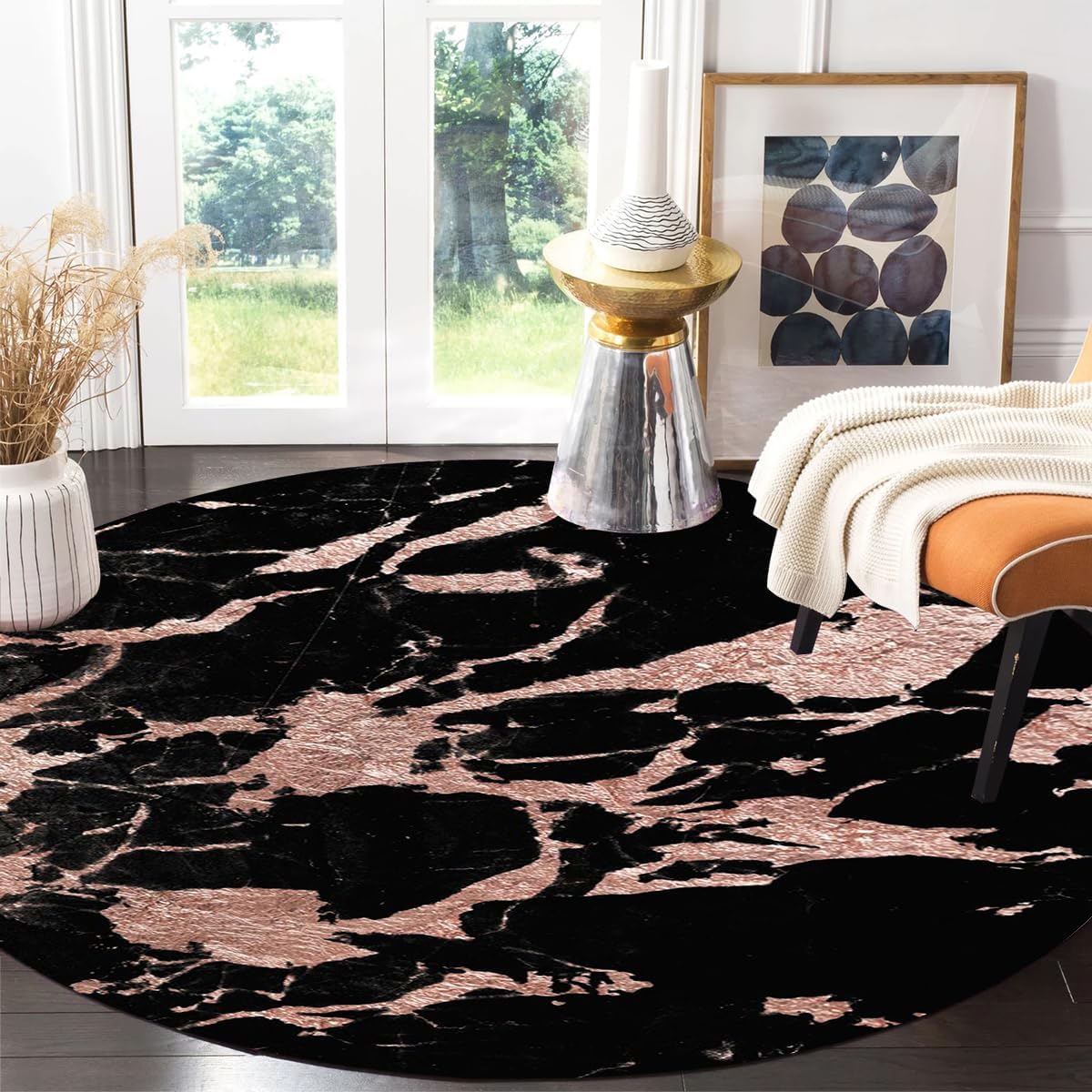 Amazon.com: Black Pink Round Contemporary Marble Area Rug Soft Washable ...