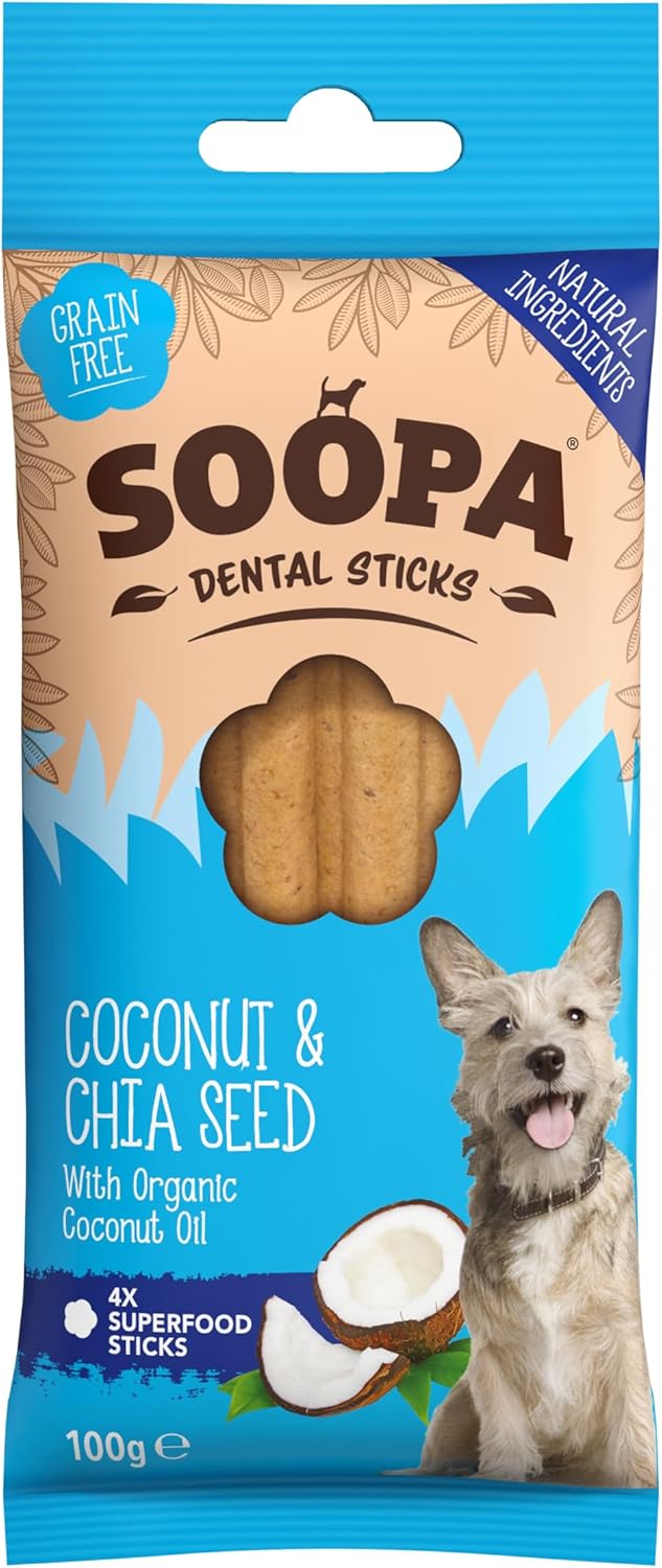 Soopa Grain Free Coconut and Chia Seed Dental Dog Treats, 4 Sticks ...
