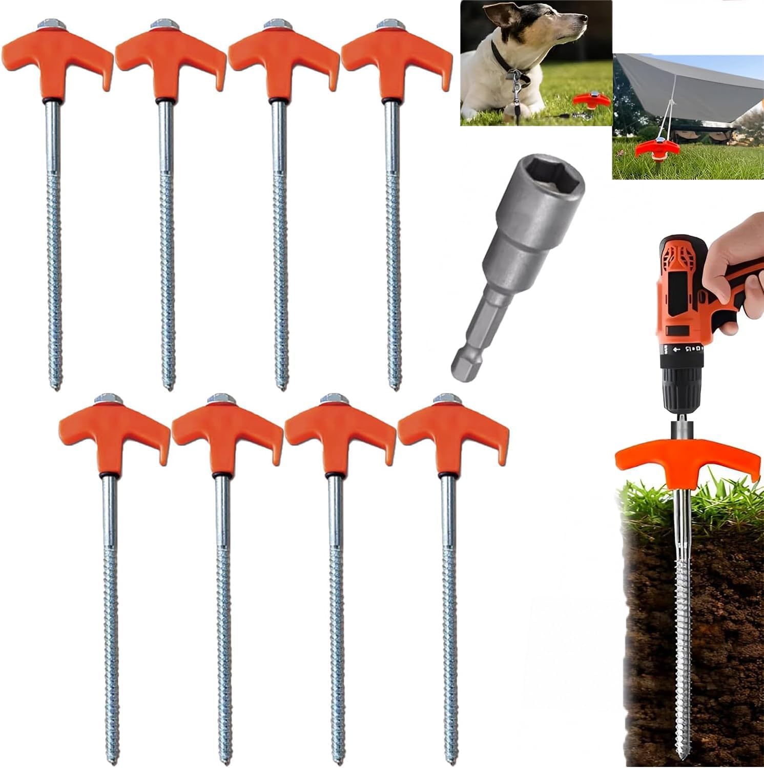 8" Screw in Tent Stakes - Ground Anchors Screw in, Hex Pegs Drillable ...