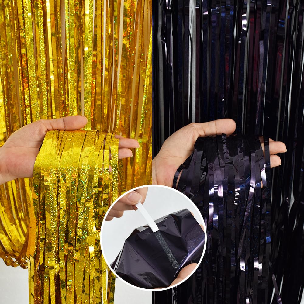 Snapklik.com : 4 Pcs Black And Gold Party Streamers Fringe Foil Curtain ...