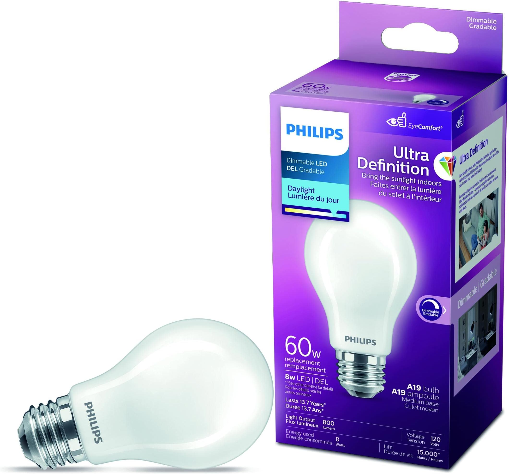 Philips Ultra Definition LED 60W A19 MedBase Daylight Glass Frosted LED ...