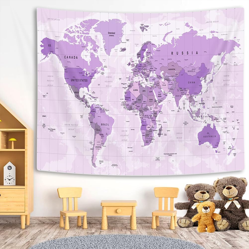 Tapiz morado con mapa del mundo antiguo, tapiz para colgar en la pared ...