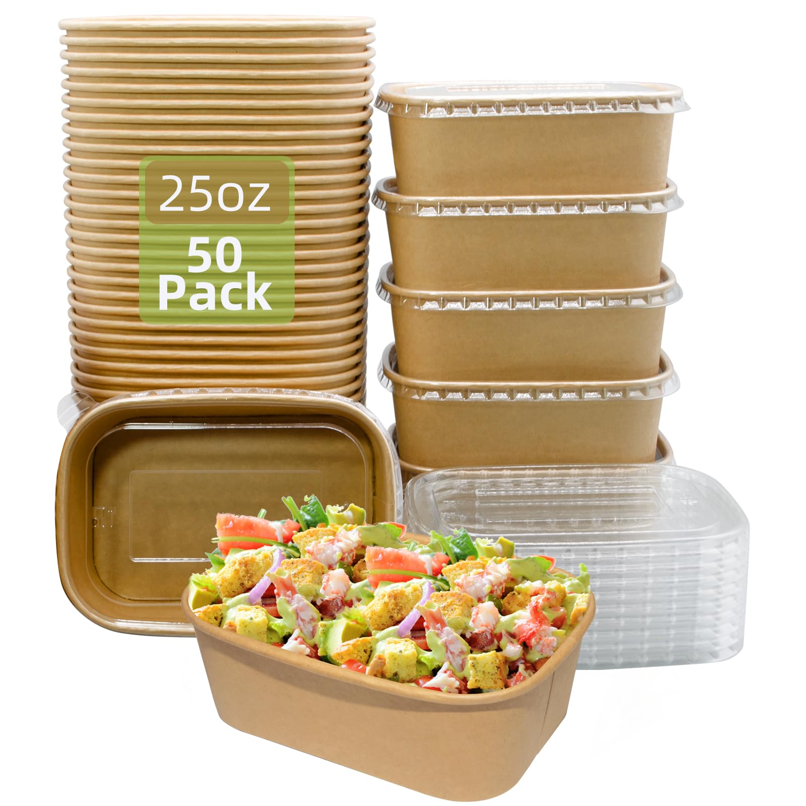 Kraft Paper Salad Bowls w/Lids 750ml To Go, Square Disposable Soup ...