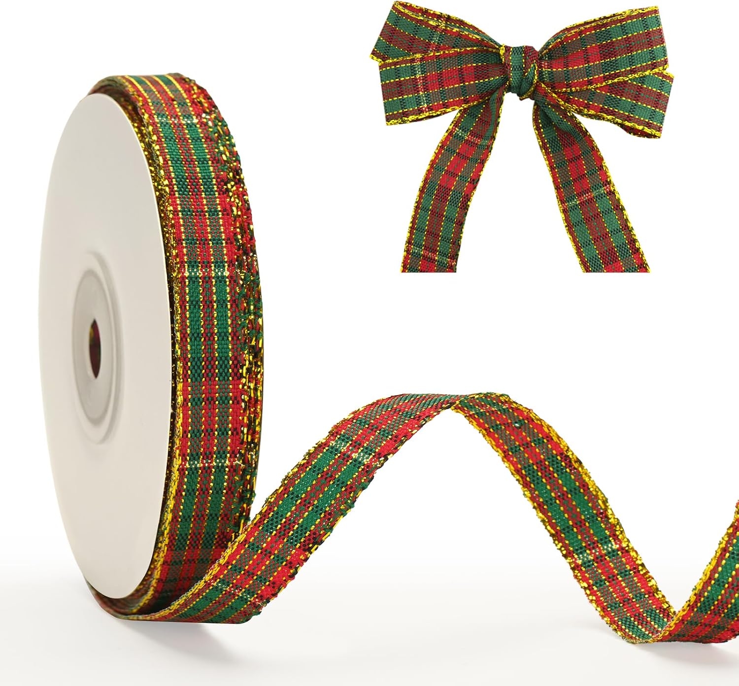 G2PLUS Red Green Gold Christmas Ribbon 10mm: 25 Yards Tartan Ribbons ...