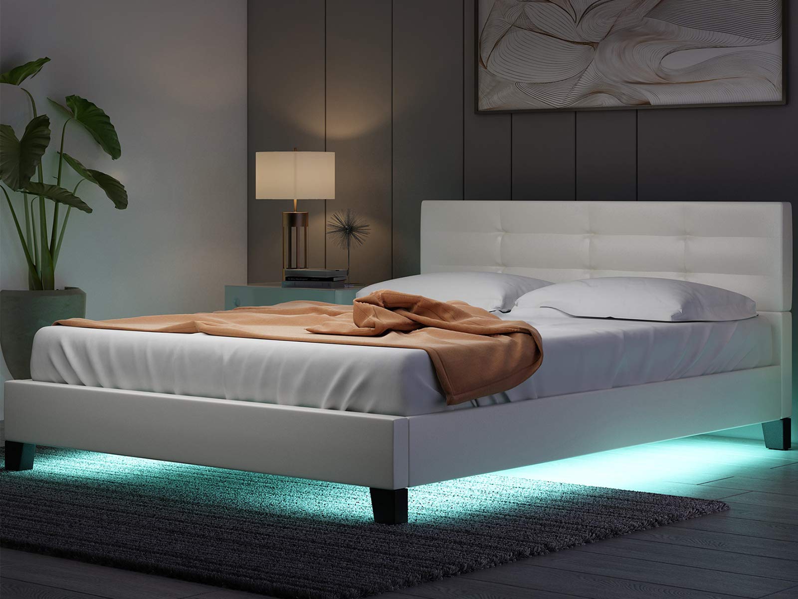 Buy LAGRIMA Full Size LED Bed/Modern Upholstered Faux Leather Bed with ...