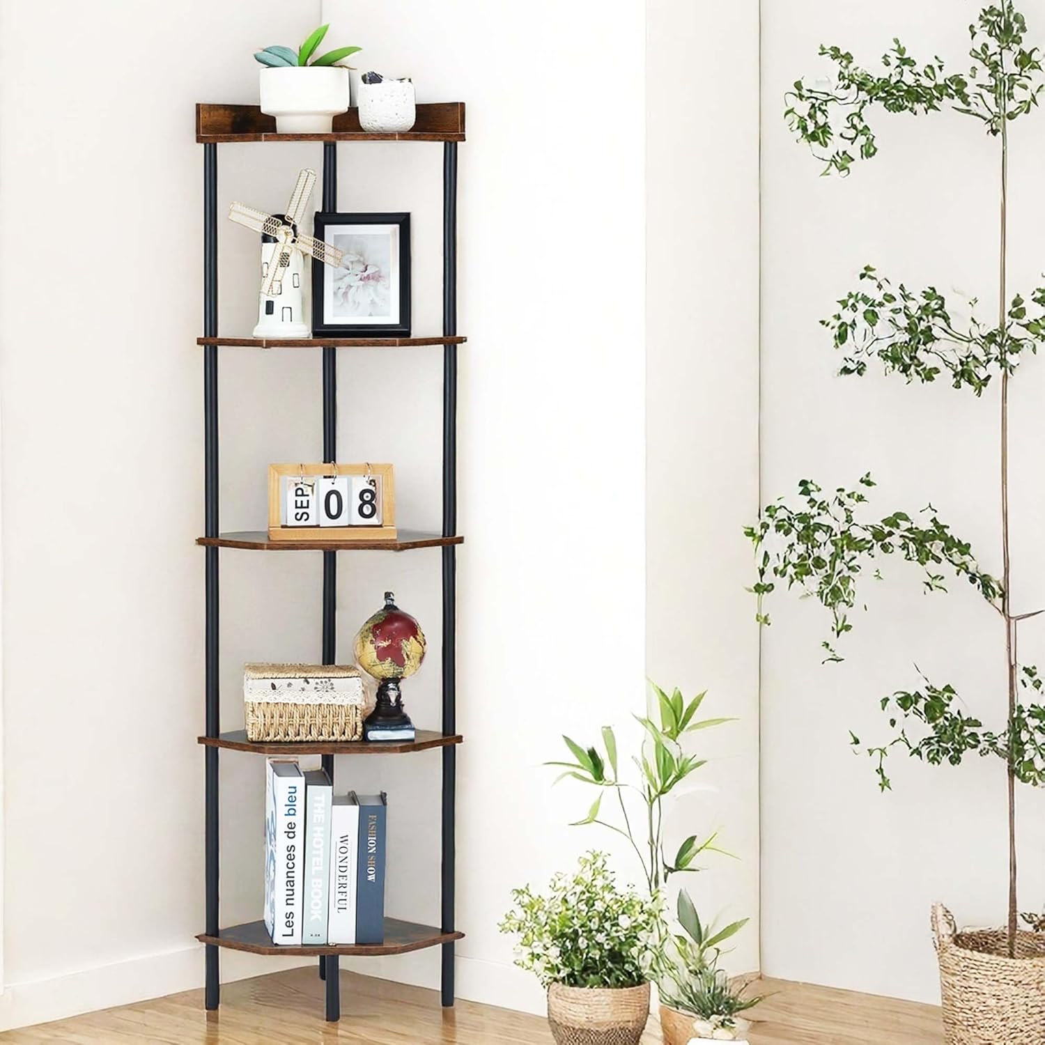 Amazon.com: Rustic Brown 5-Tier Industrial Corner Shelf Stand - Tall ...