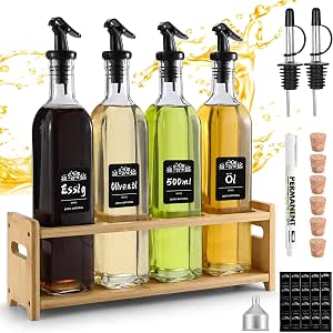 Oinvs Oil Bottle With Wood Racks 500ml 4pcs,Glass Olive Oil Dispenser ...