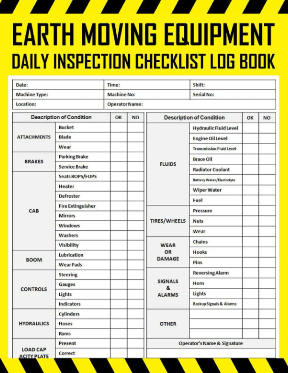 Earth Moving Equipment Daily Inspection Checklist Log Book: Scraper ...