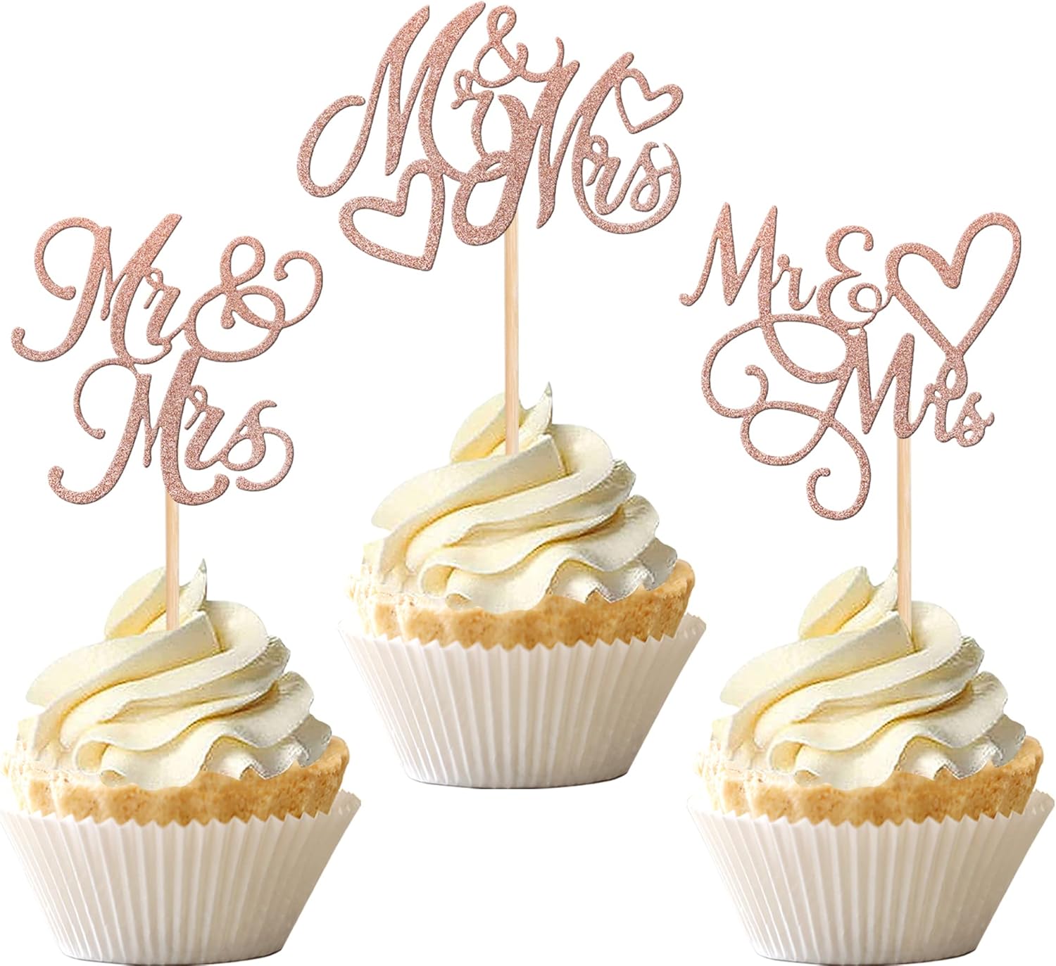 Amazon.com: 24 PCS Mr & Mrs Cupcake Toppers Glitter Love Heart Wedding ...