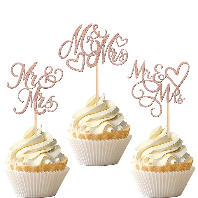 Amazon.com: 24 PCS Mr & Mrs Cupcake Toppers Glitter Love Heart Wedding ...
