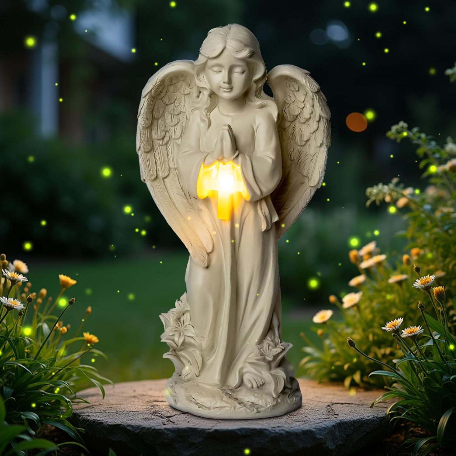 Amazon.com: twinbling Garden Angel Figurines with Solar Light Cross ...
