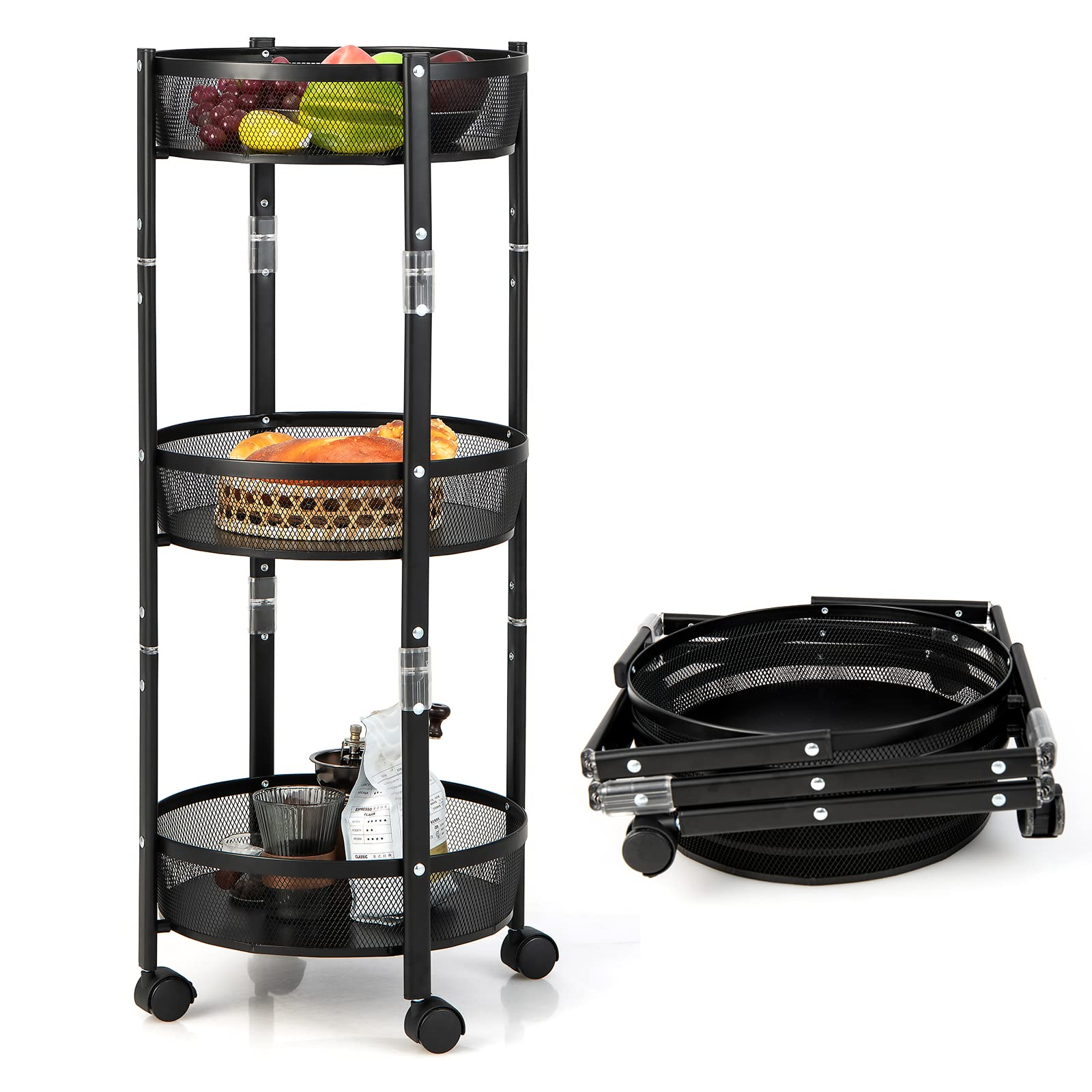 Amazon.com: PETSITE Folding Storage Cart, 3-Tier Metal Round Utility ...