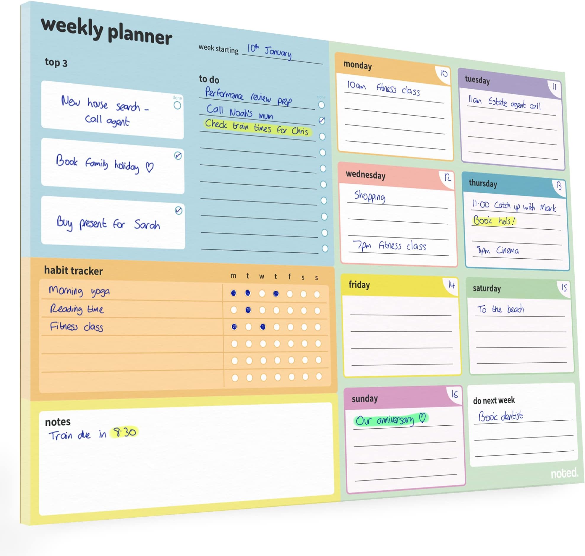 A4 Weekly Planner Pad – 52 sheet undated desk organiser by Noted – for ...