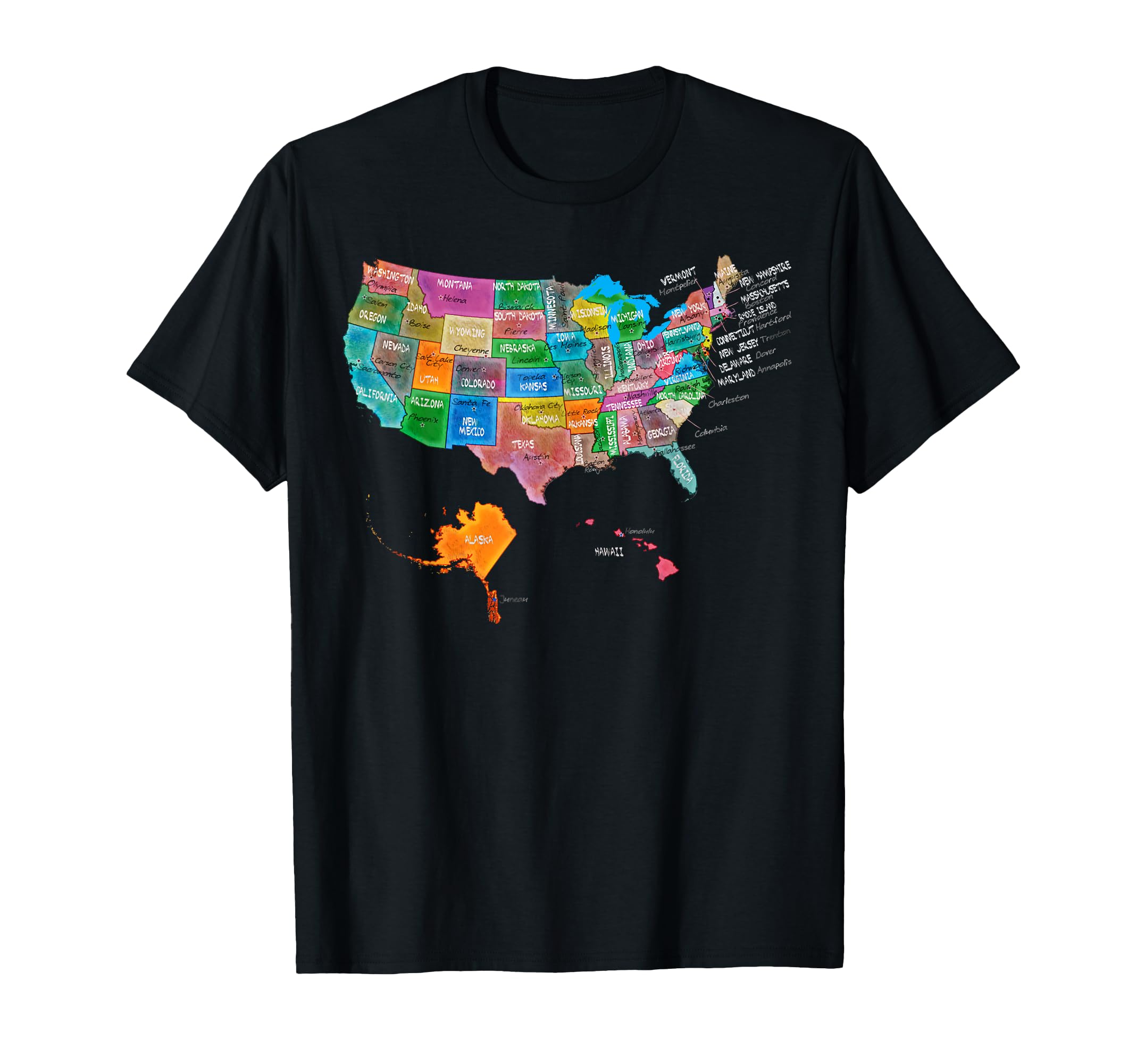 Amazon.com: Watercolor US map T-Shirt with states and capital cities T ...