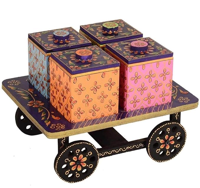 Buy ART HOUSE HANDICRAFT WOODEN 4 COMPARTMENTS THELA MOVING ON WHEELS ...