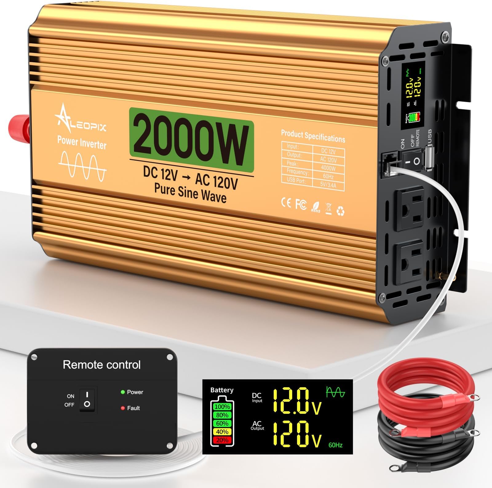 Amazon.com: 2000 Watt Pure Sine Wave Inverter 12V DC to 110V/120V AC ...
