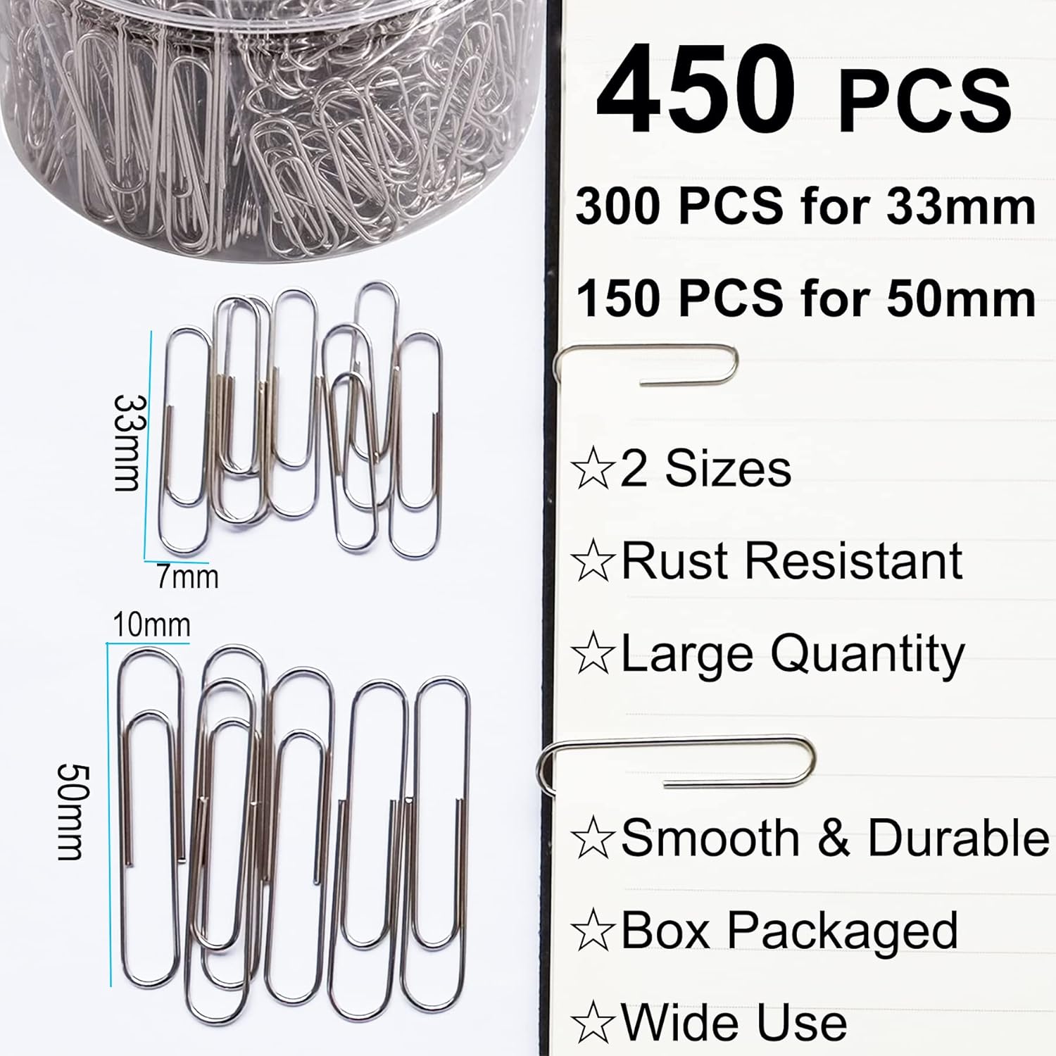 Paper Clips 2 Assorted Sizes 450 Count Paperclips Large Jumbo 50mm ...