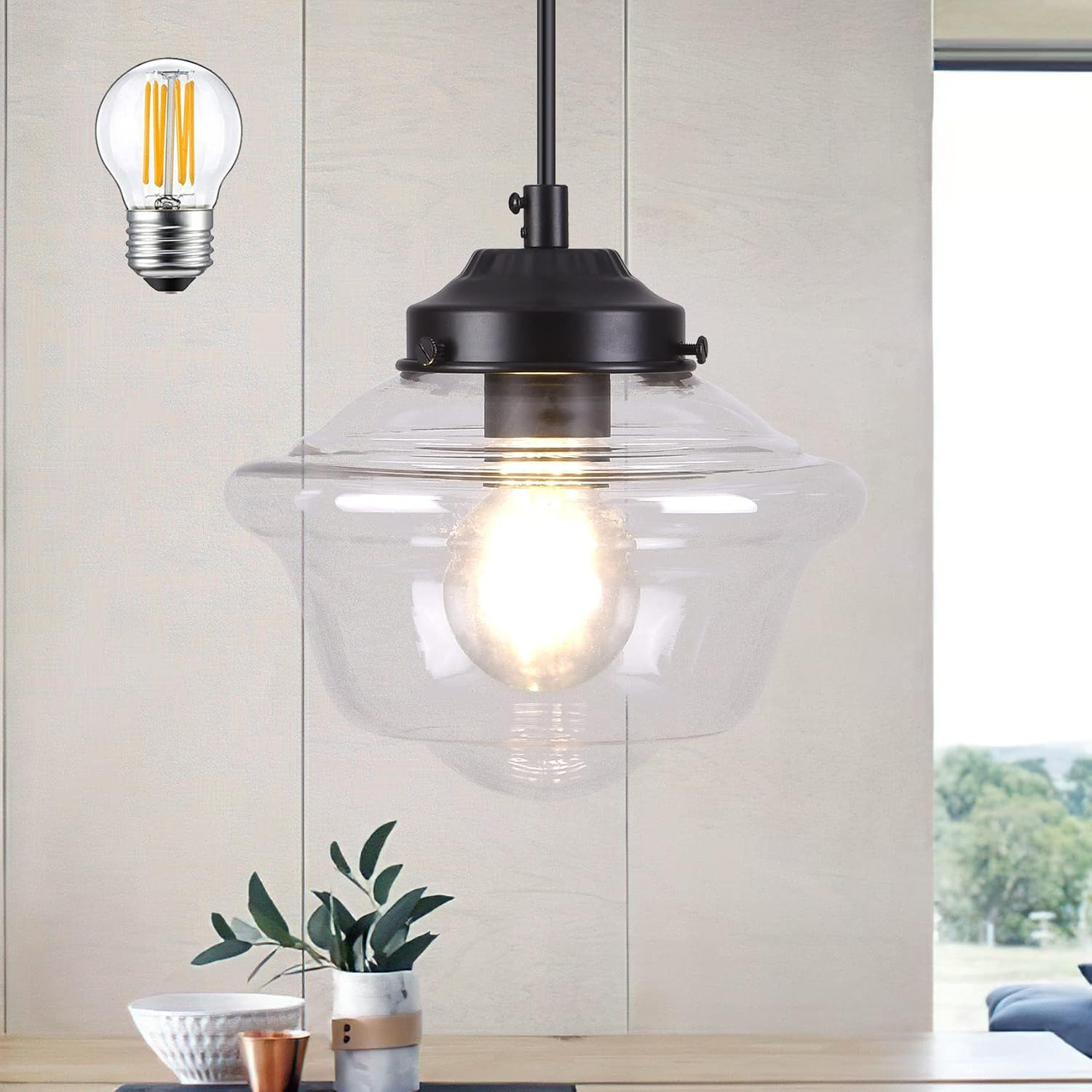 Ayshwilldec Black Schoolhouse Light Fixture 8" clear Glass Pendant ...