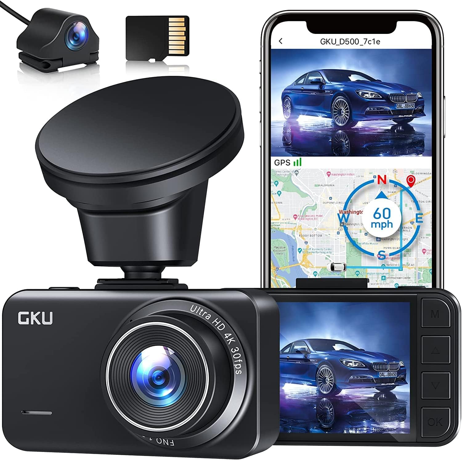 GKU 4K Dash Cam WiFi GPS, 4K+2.5K Dash Cam Front and Rear Camera with Free 32GB SD Card, 2.4 ...