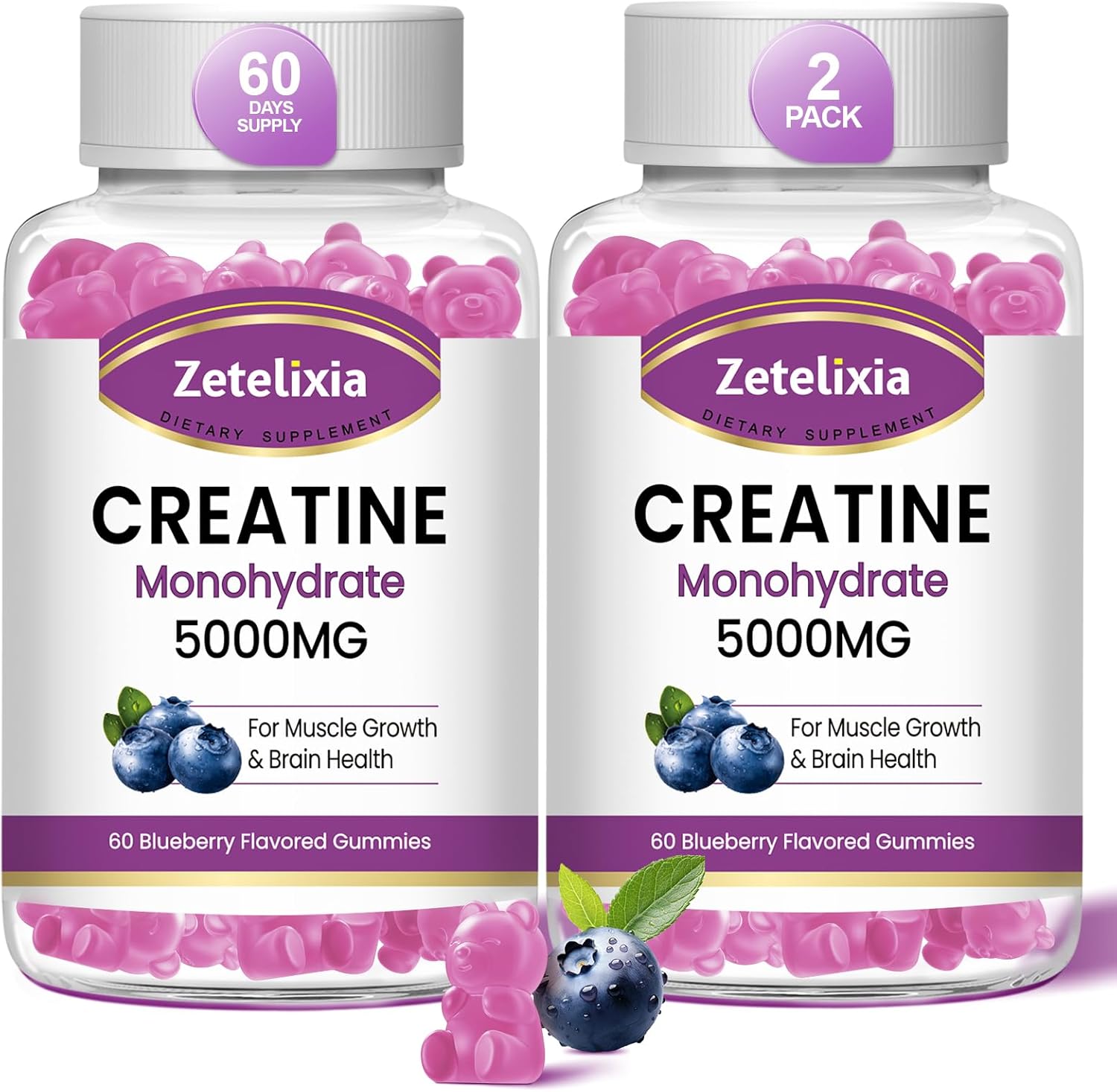 Amazon.com: Zetelixia 2 Pack Creatine Monohydrate Gummies 5g for Men ...