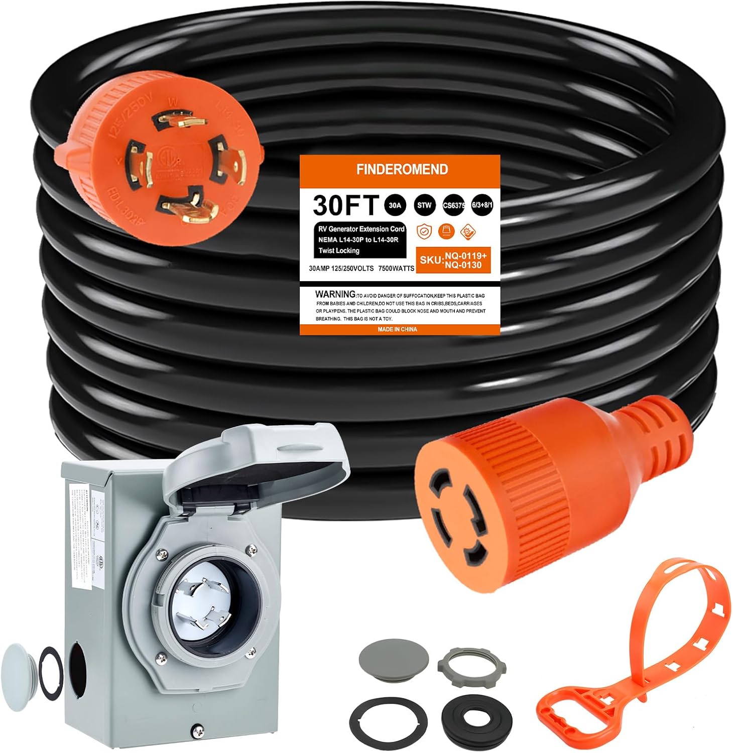 Finderomend 30 Amp Generator Cord and 30 Amp Generator Inlet Box Kit ...