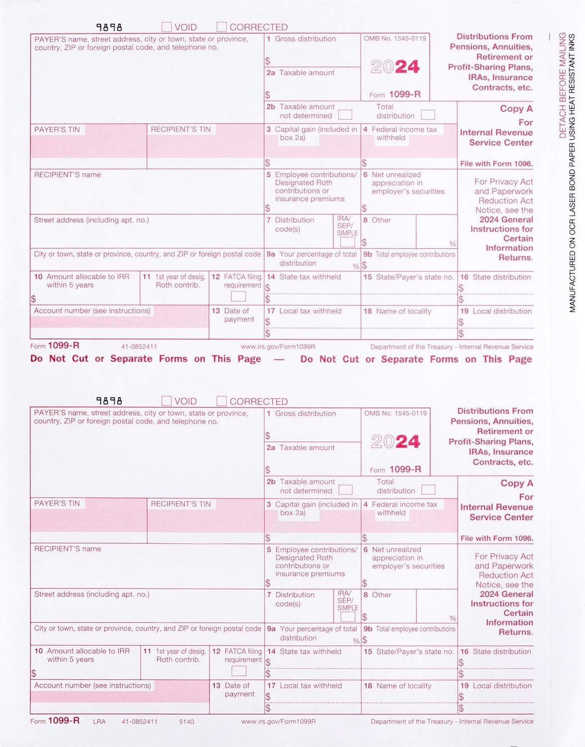 Amazon.com : 1099 R Federal Copy A Forms 2024, Pack of 25 Copy A 1099 R ...