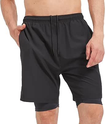 Men's 2-in-1 Athletic Running Shorts 7" Dry Fit Workout Gym Outdoor ...