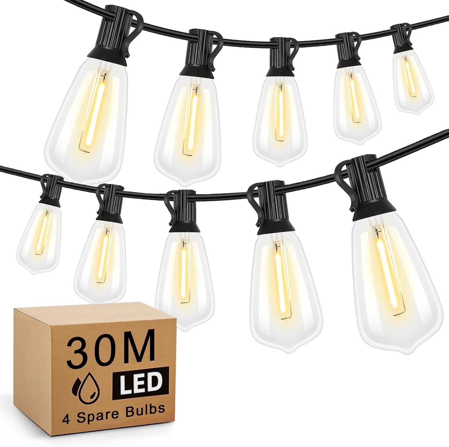 30M LED Festoon String Lights Outdoor with 50+4 ST38 Shatterproof Bulbs ...
