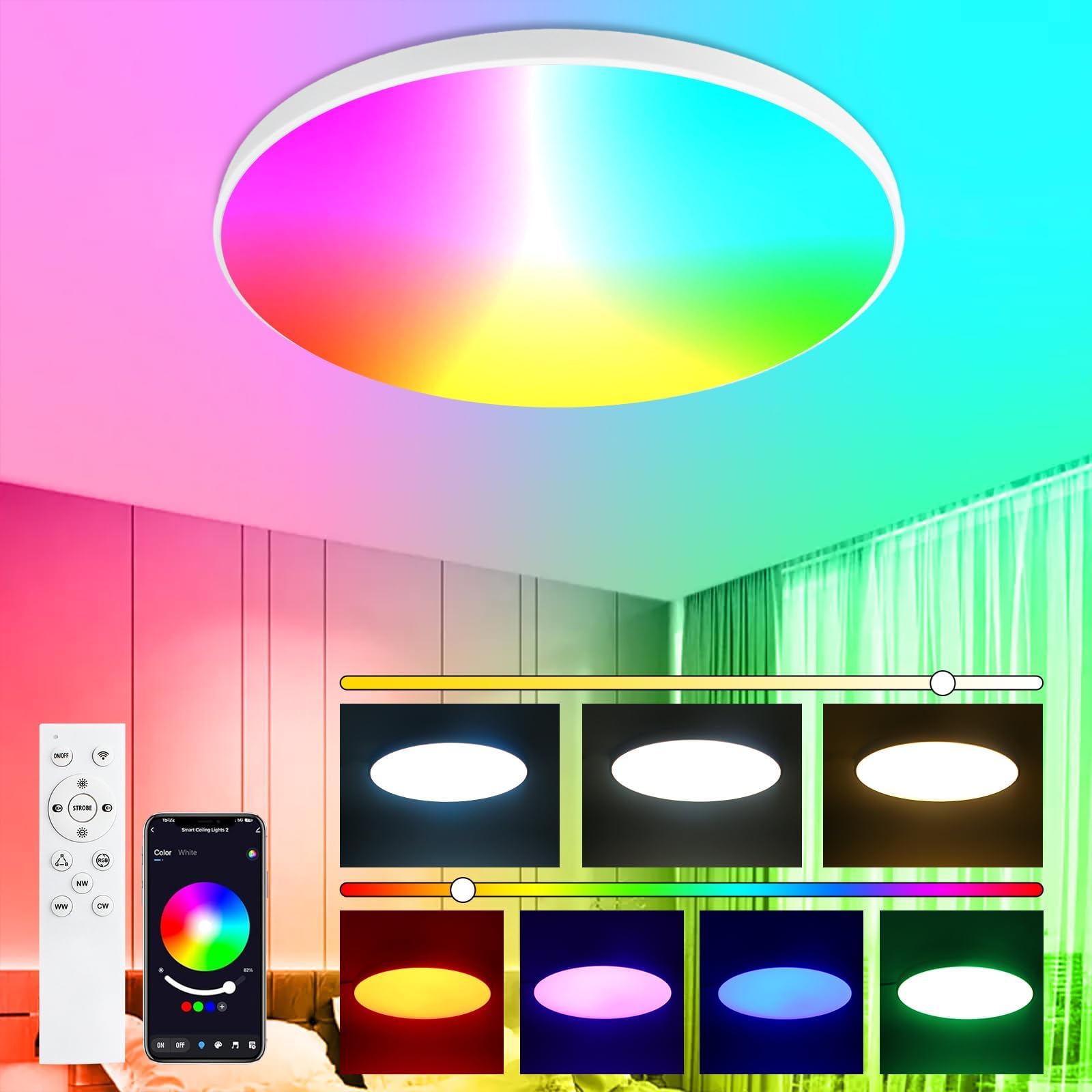 Smart Ceiling Light, 14.6 Inch RGB Flush Mount Ceiling Light with ...