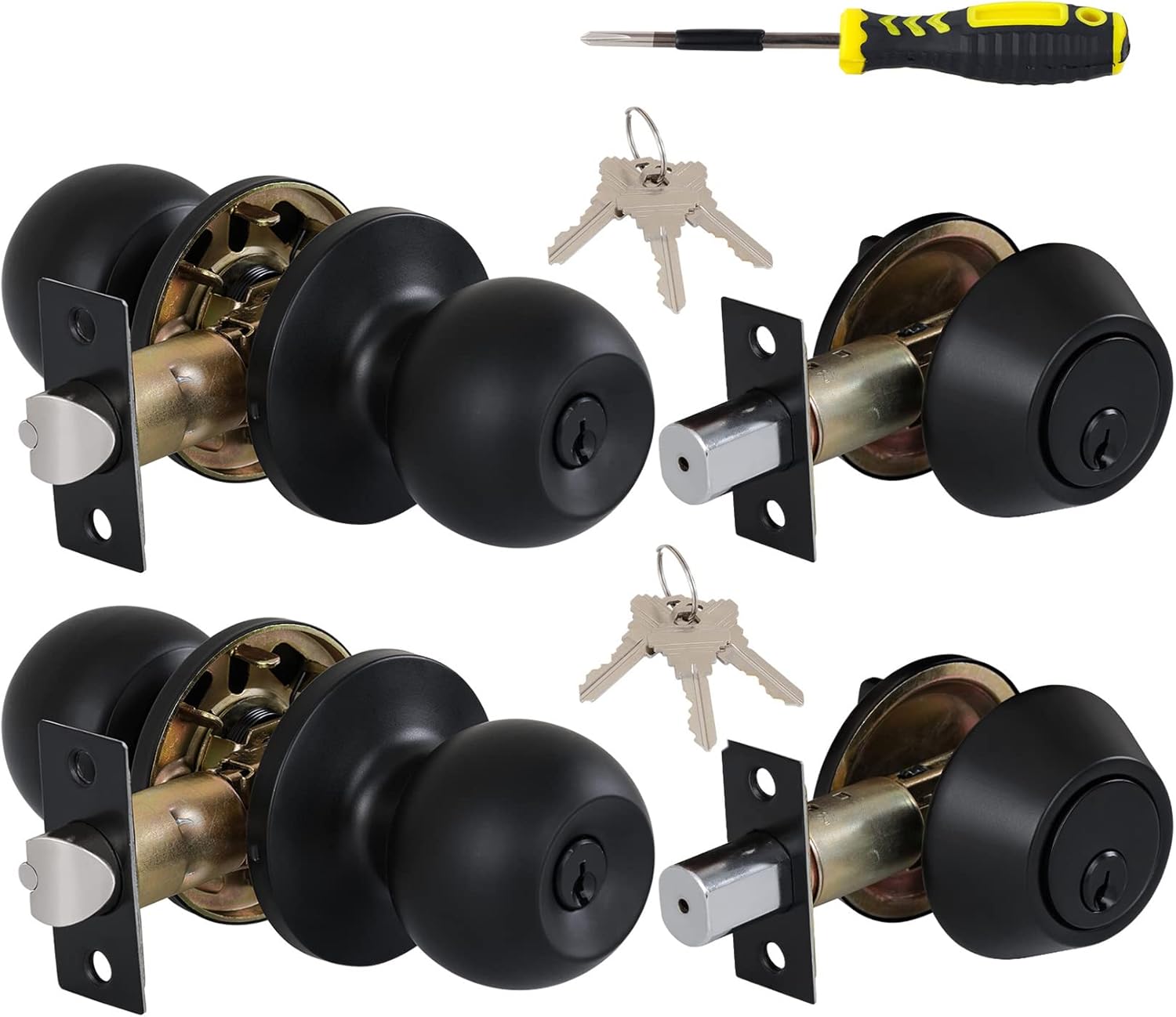 (2 Sets) All Keyed Same Entry Knobs&Single Cylinder Deadbolt for Exterior Front Doors, Matte ...