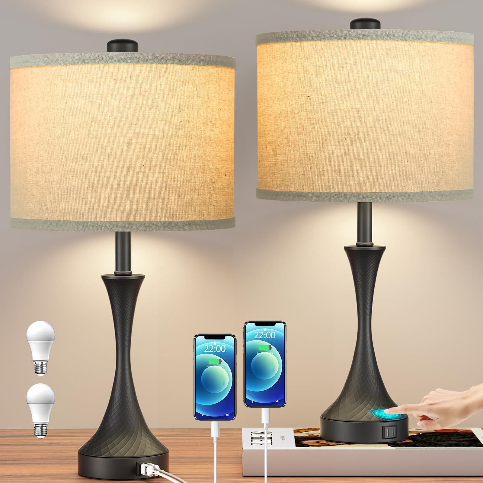 CNXIN 26" Farmhouse Touch Table Lamps for Bedrooms Set of 2, 3 Way ...