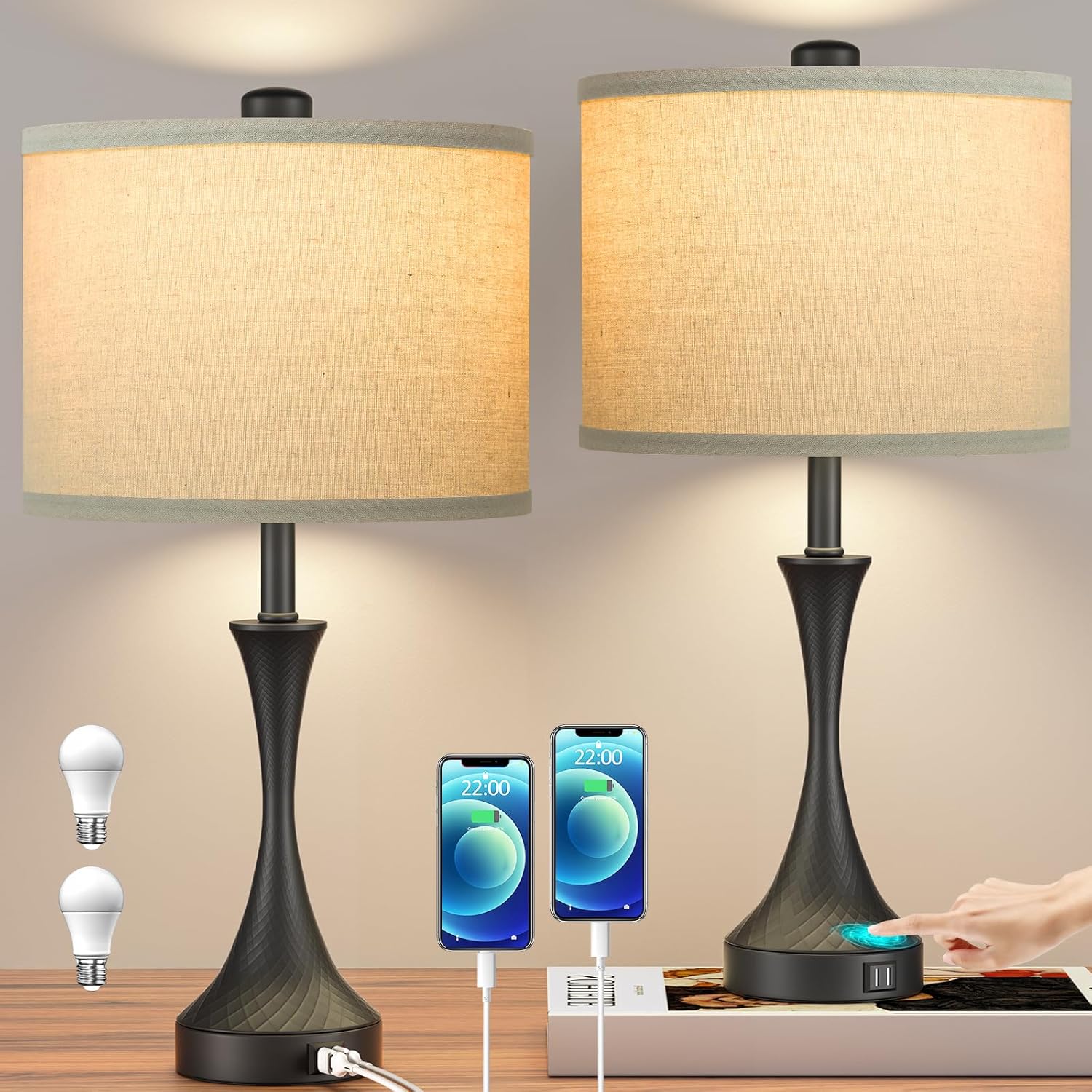 CNXIN 26" Modern Touch Table Lamps Set of 2 for Bedrooms, 3 Way ...