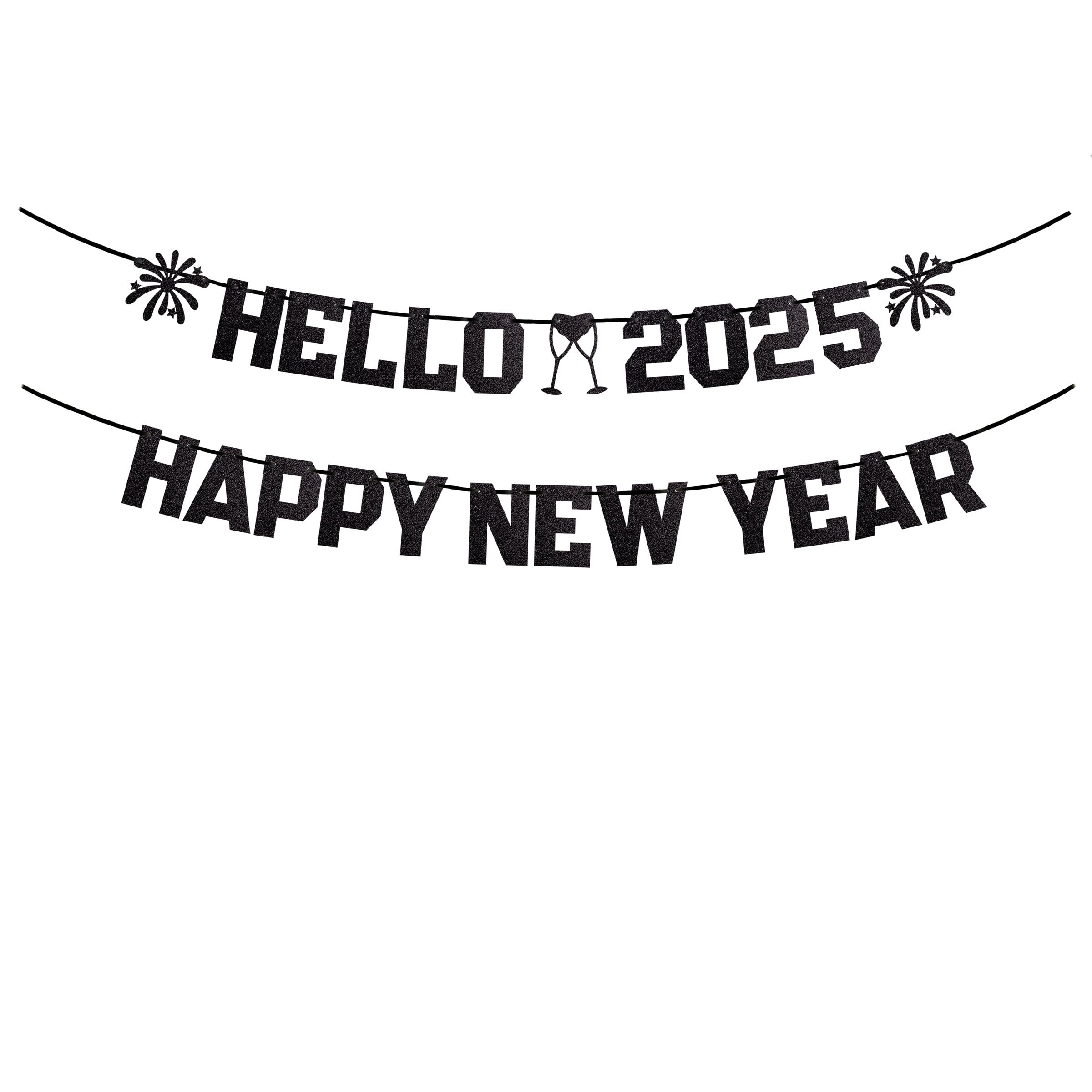 Amazon.com: Gexolenu Happy New Year Banner, Black Glitter Hello 2025 ...
