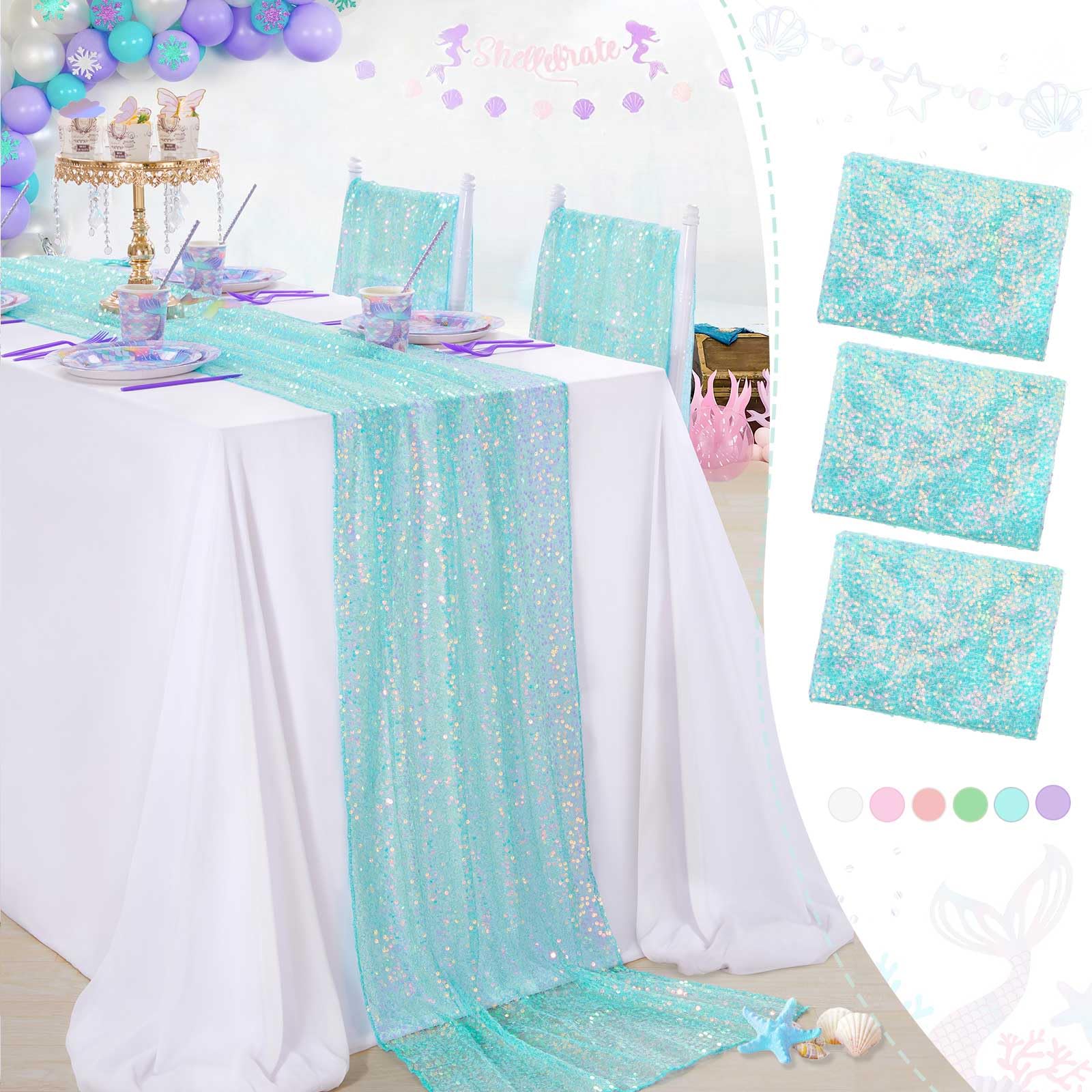 Amazon.com: Sequin Table Runner 3 Pcs Mermaid Coral Green Iridescent ...