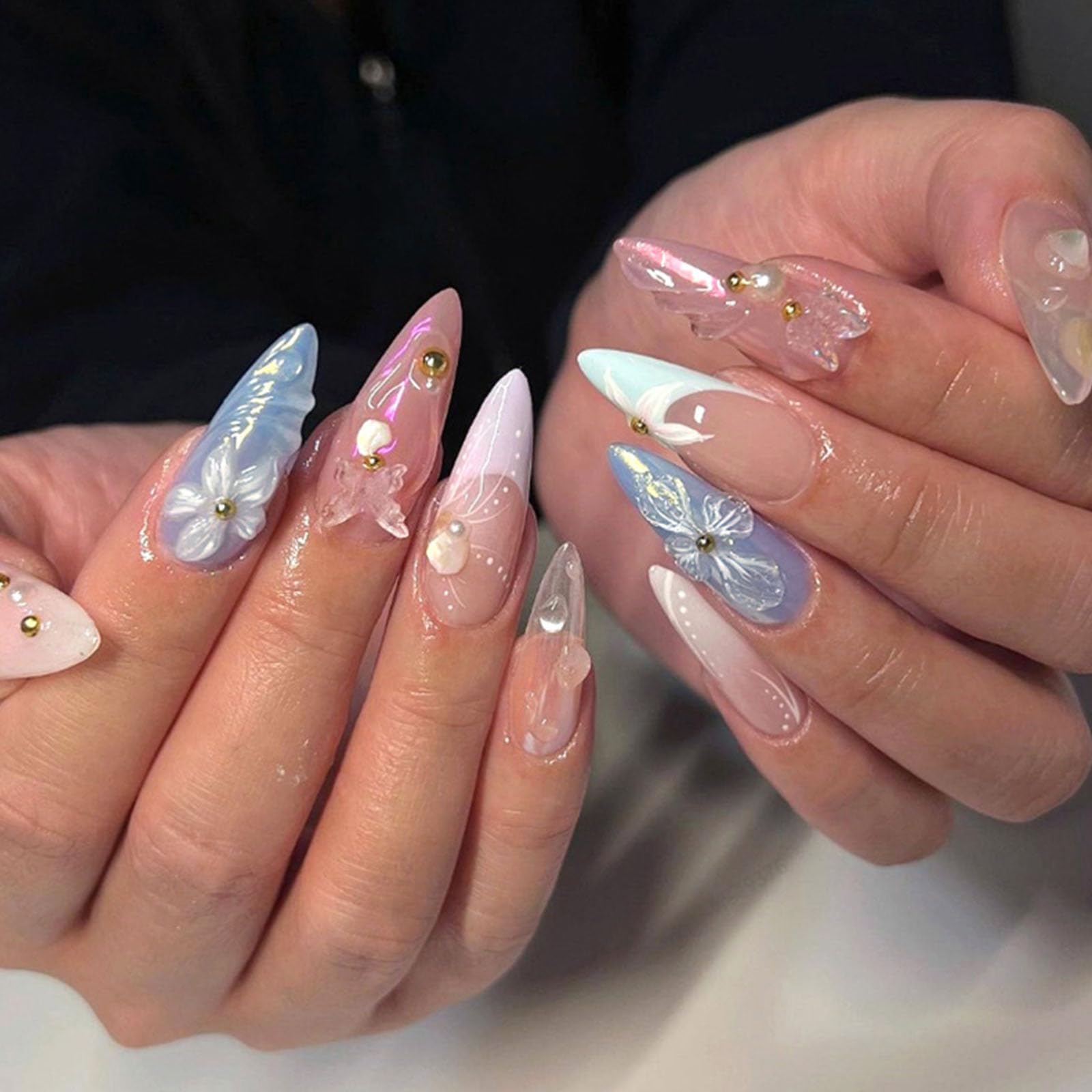 Amazon.com: RUOKEXIN Almond Press on Nails Medium Fake Nails Blue White ...