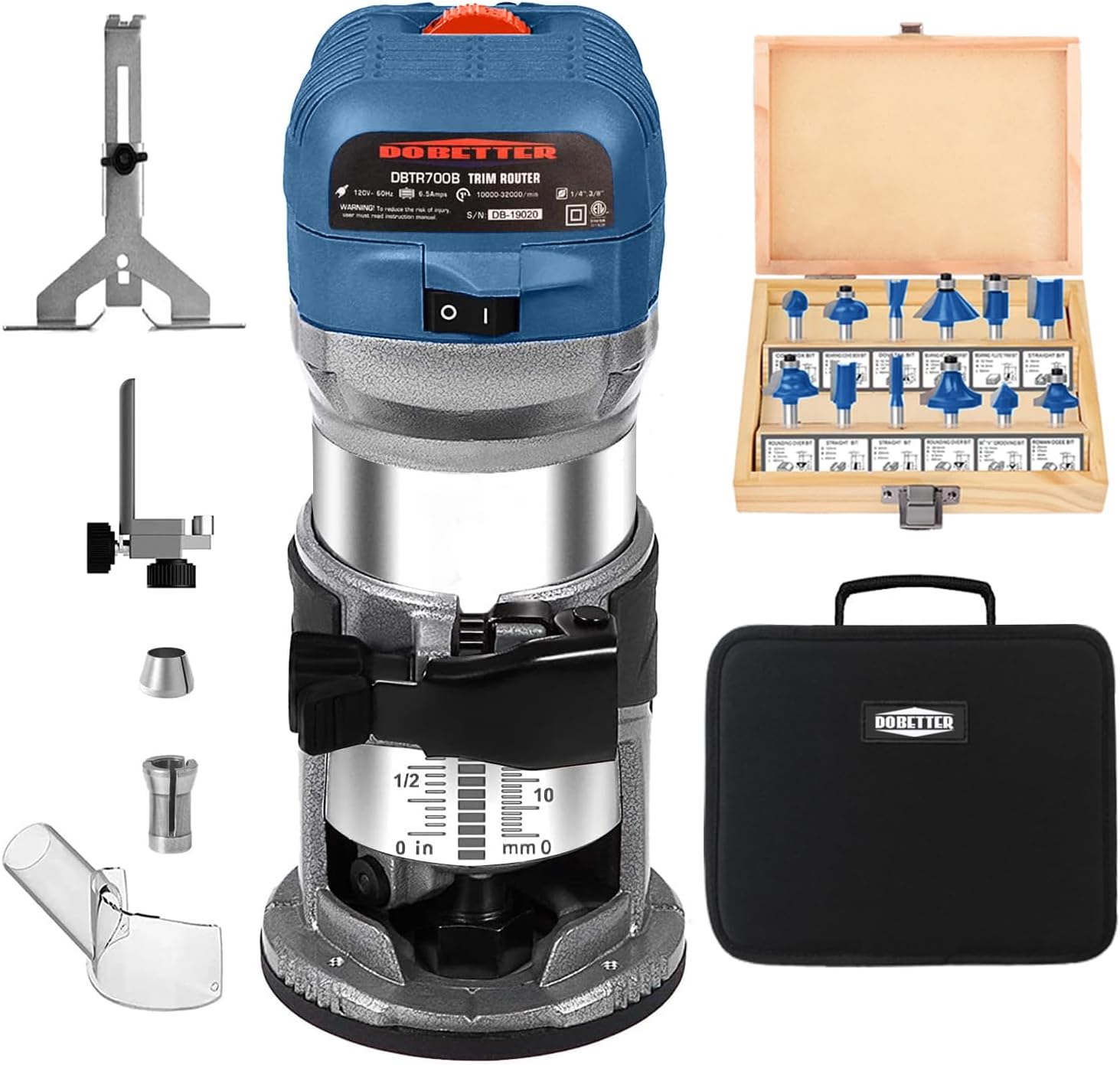 1.25HP Wood Router Tool, Dobetter 6.5Amp Electric Trim Router, 6 ...