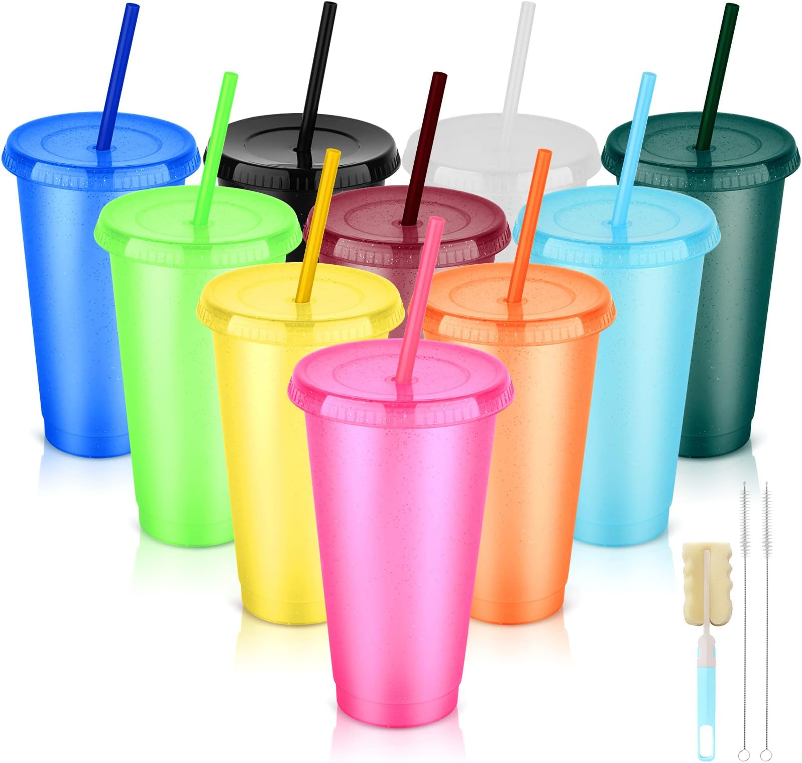 NUZEKY Reusable Plastic Cups with Straws & Lids - 10Pcs 24oz Cold Iced ...